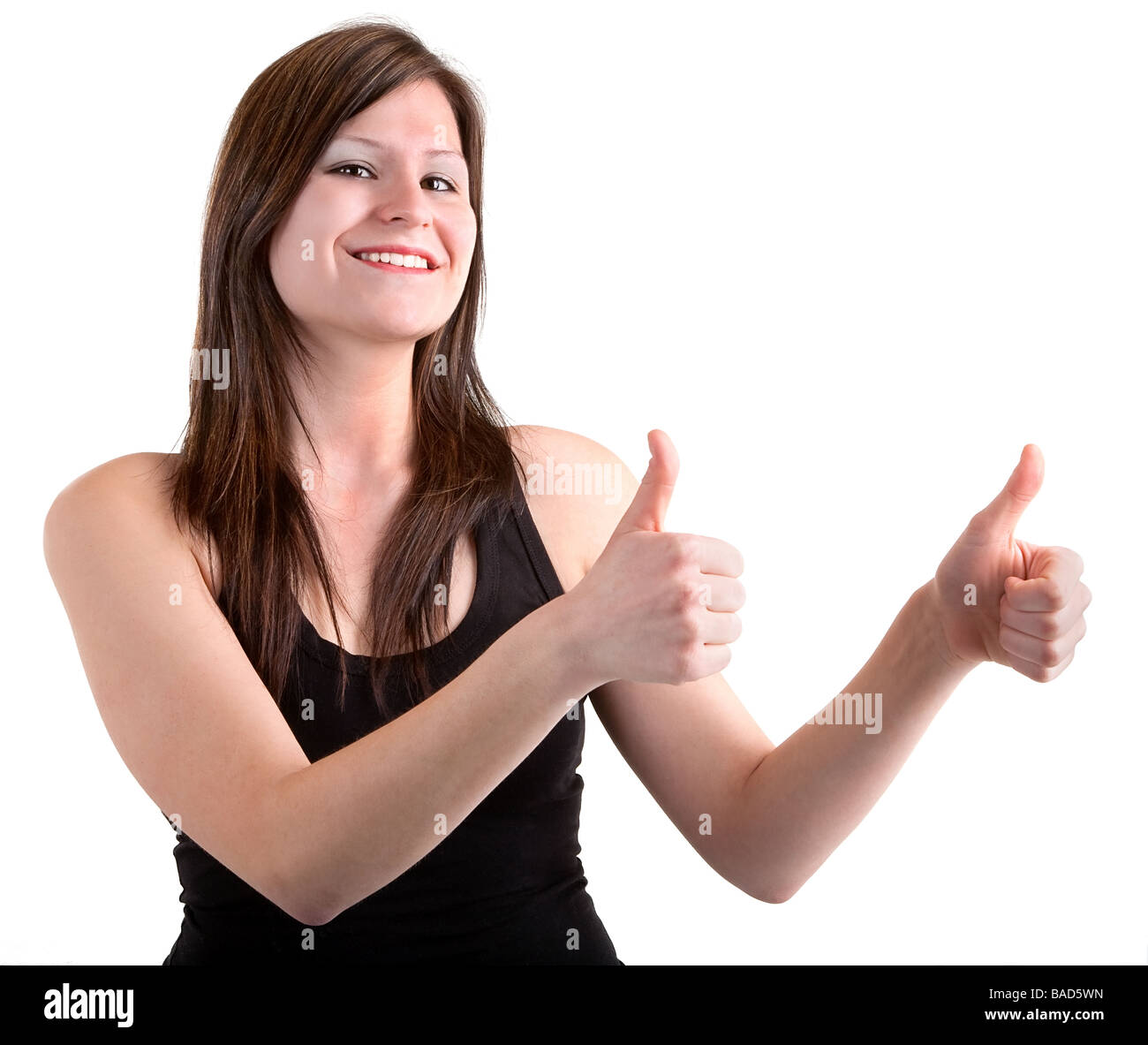 Beautiful brunette is giving her approval with her thumbs up Stock ...