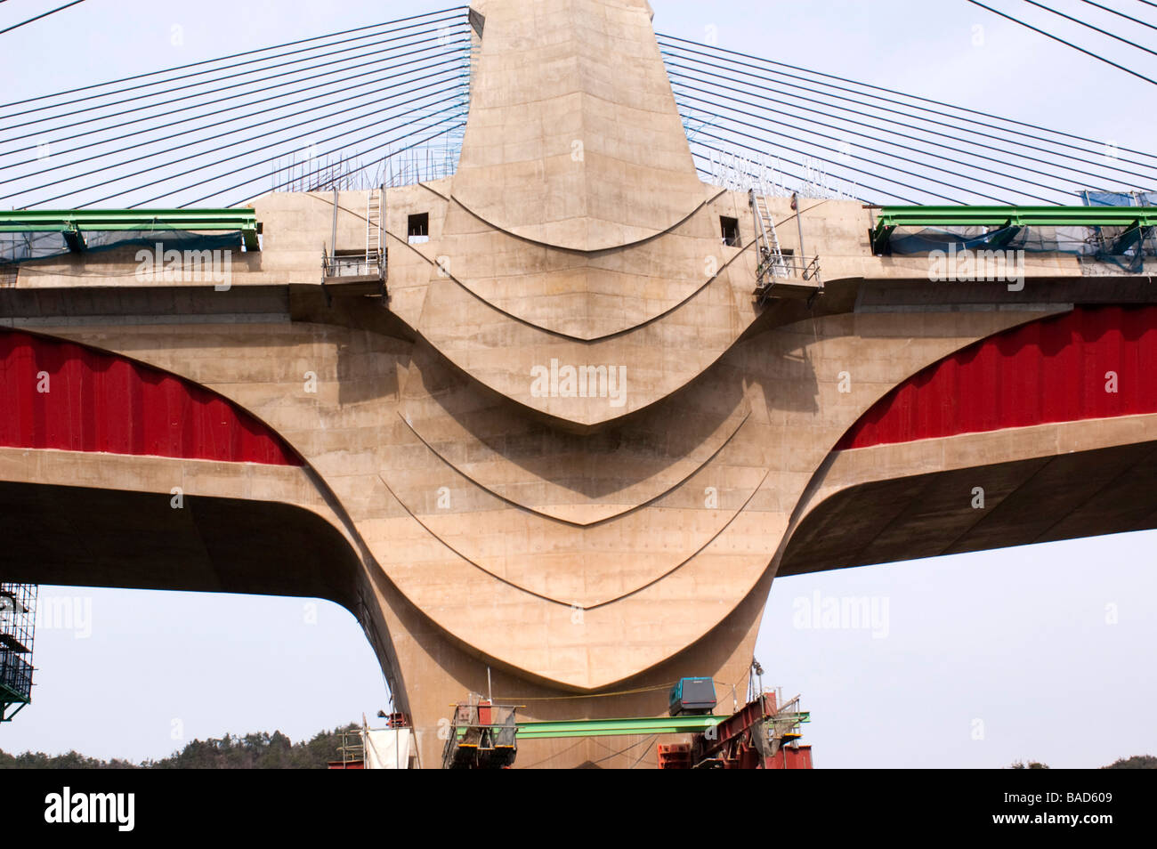 Detail of elaborate architectural design of concrete bridge piers at ...