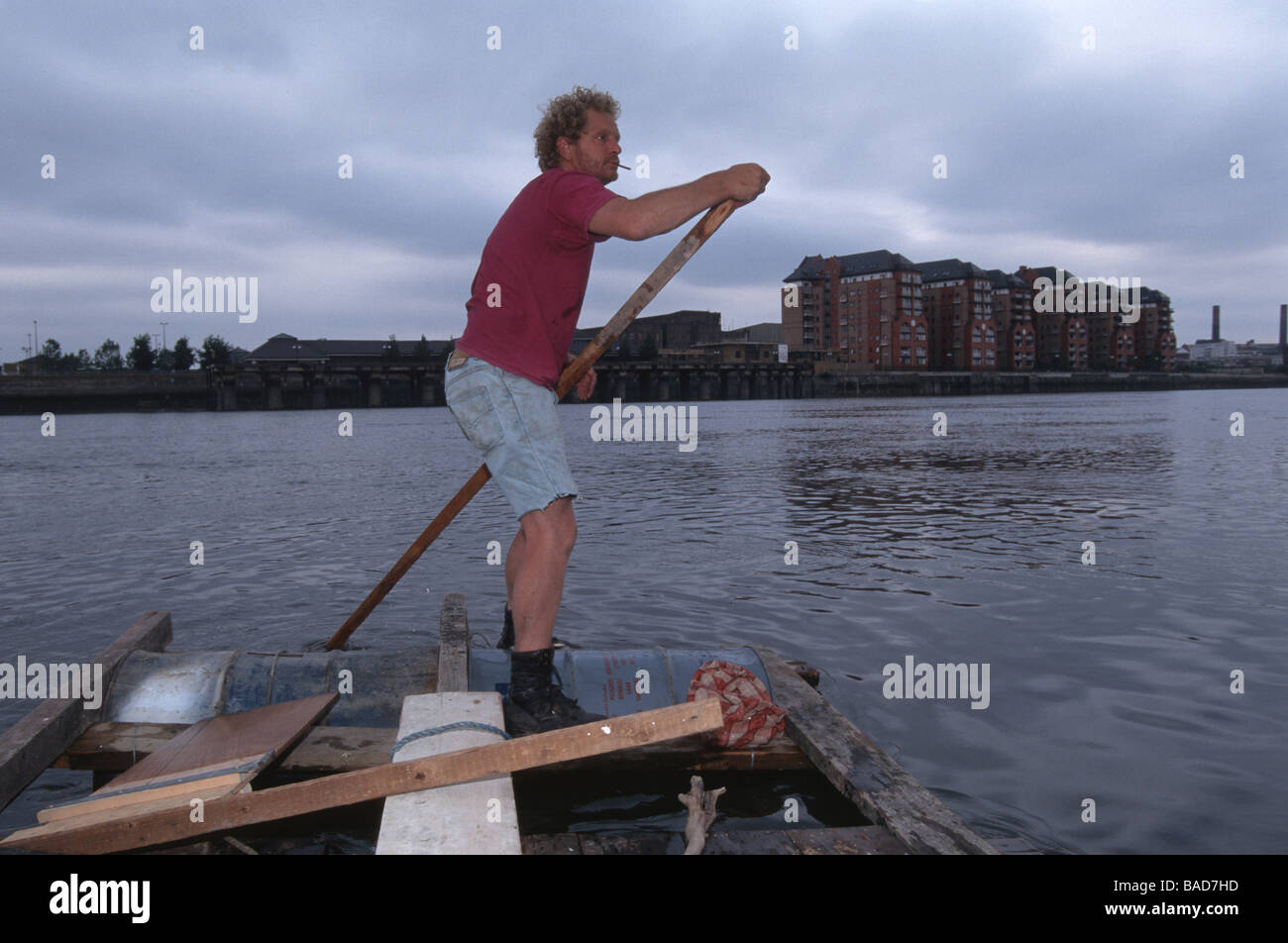 Home made raft on the river Thames Built at the wandsworth Eco village ...