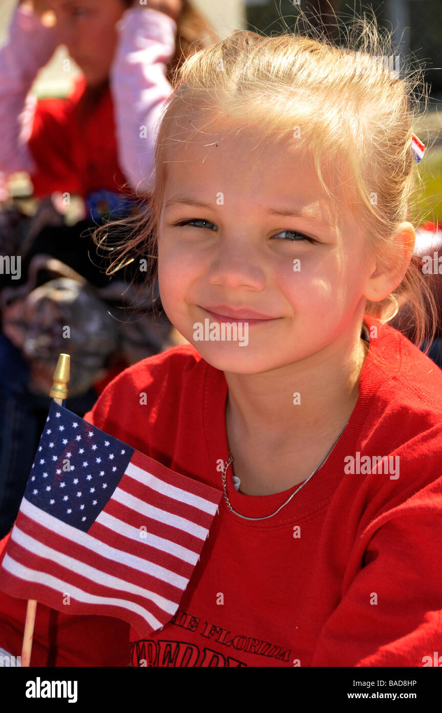 Girl with Flag in Patriotic Float in Strawberry Festival Parade Plant ...