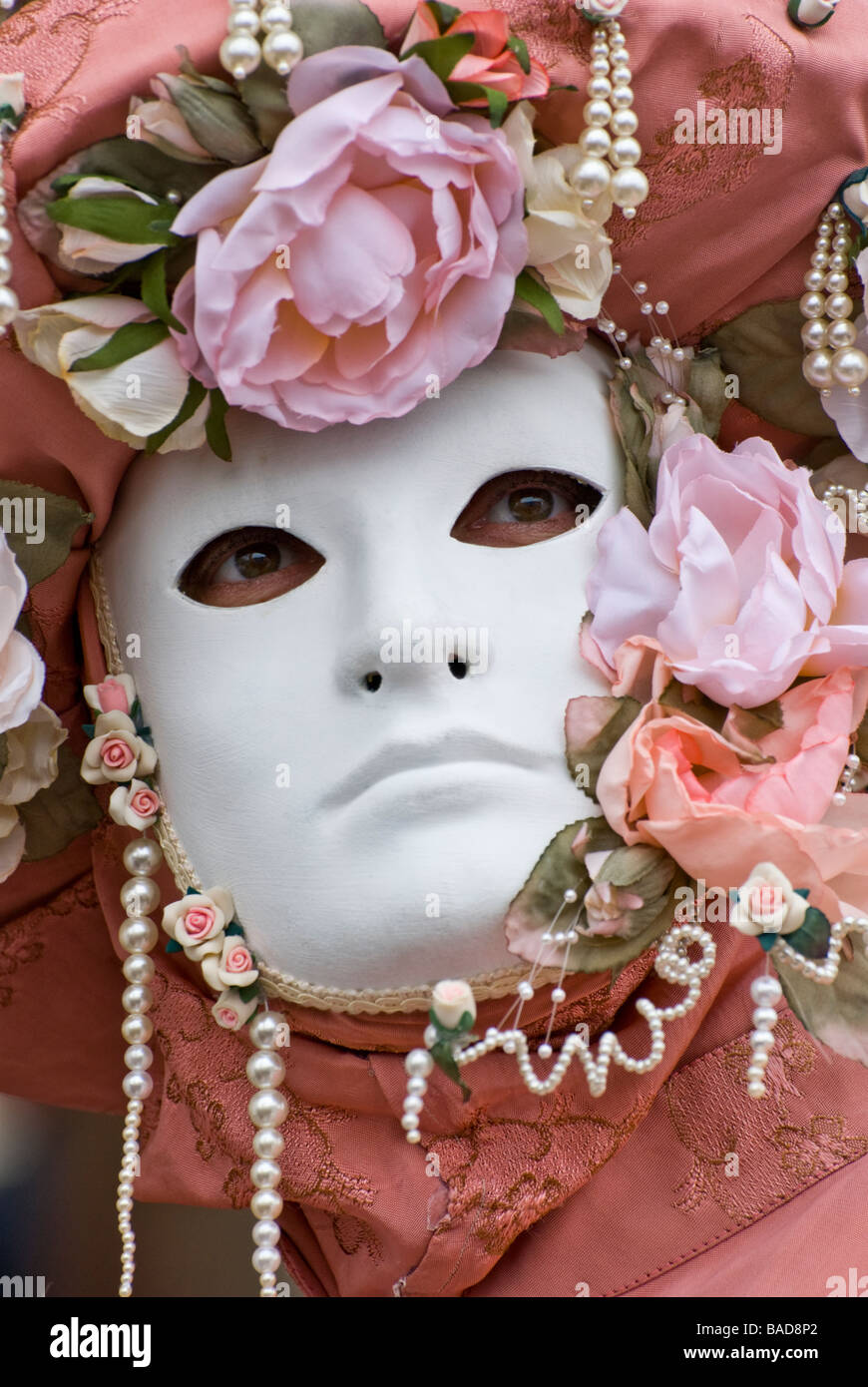 Single Venice carnival white mask with pink disguise full of roses and ...