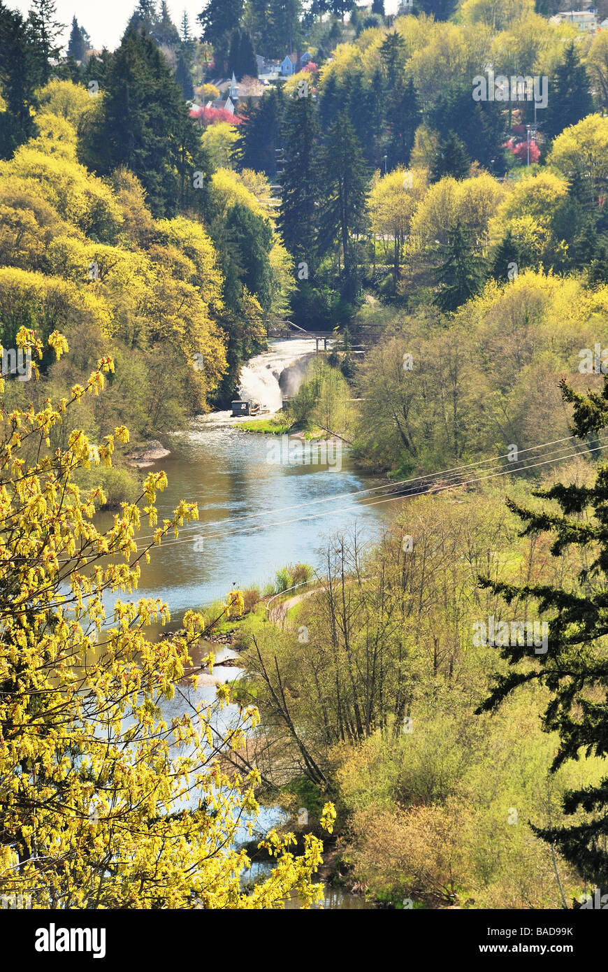 Elevated view of waterway with waterfall Stock Photo - Alamy