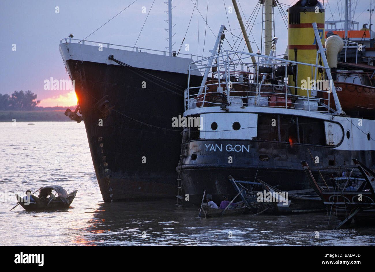 Myanmar (Burma), Rangoon Division, Rangoon City, barges bringing ...
