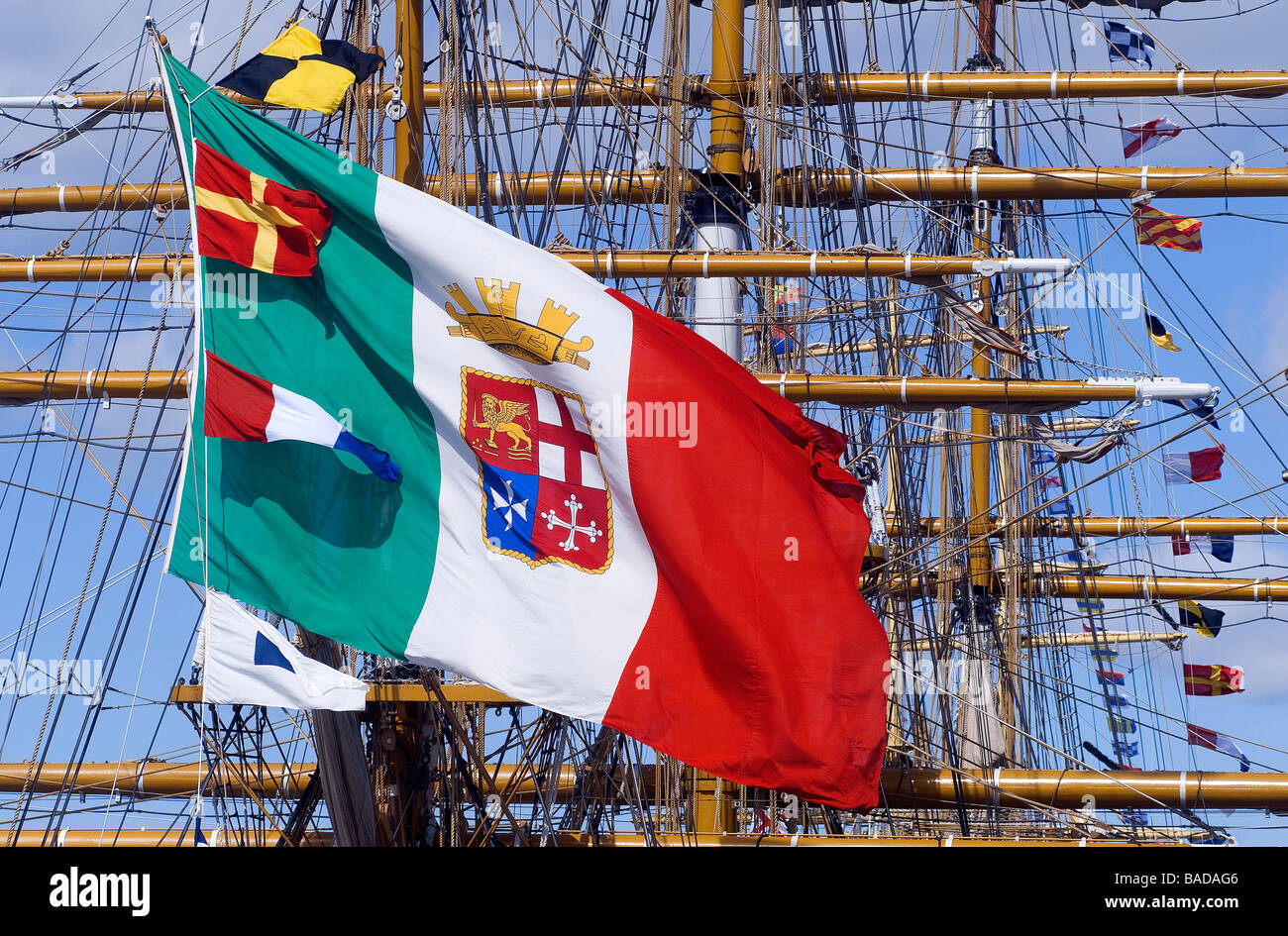France, Seine Maritime, Rouen, Armada 2008, masts and flag of Amerigo ...