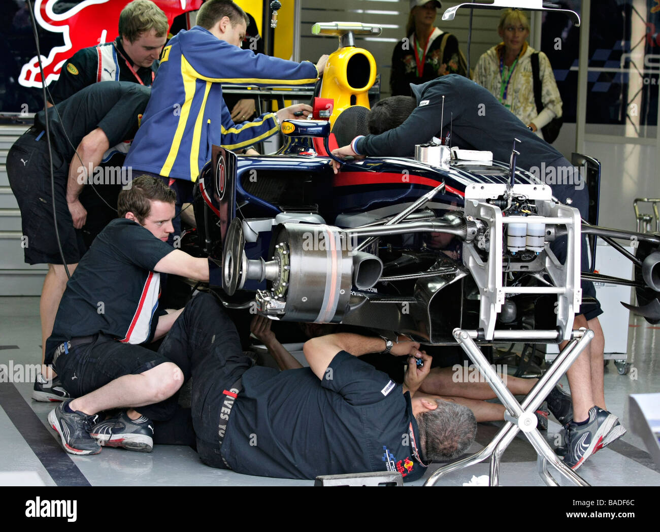Red Bull team mechanics working on David Coulthard`s car Stock Photo ...