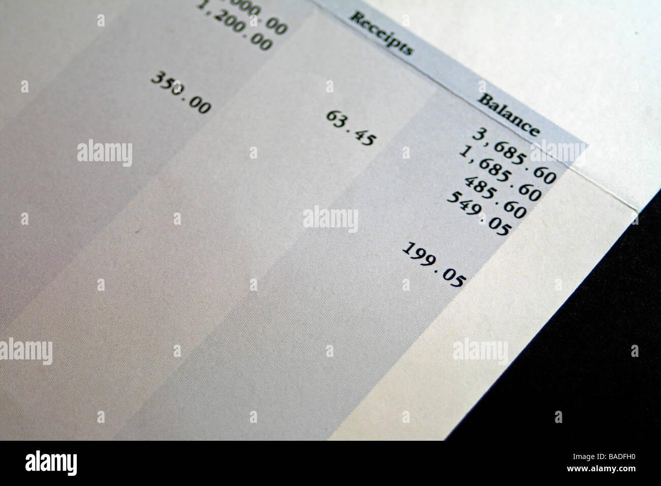 Bank statement showing reduction in balance Stock Photo - Alamy