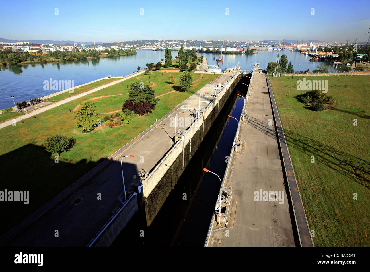 France, Rhone, Lyon, Lock Entrance above Pierre Benite Centrale Ecluse ...