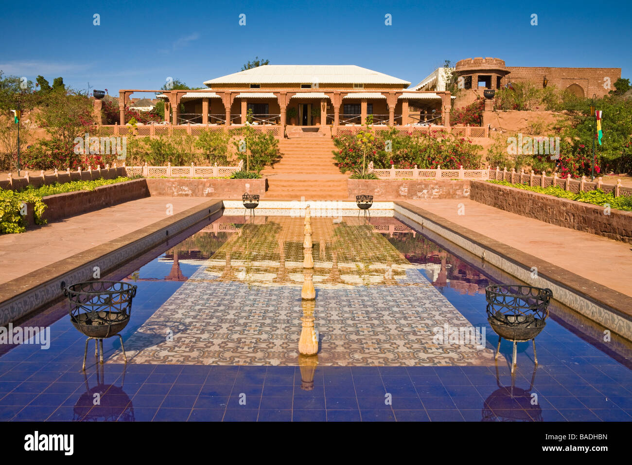Ornamental pond at Osian Camel Camp, Osian, Rajasthan, India Stock ...