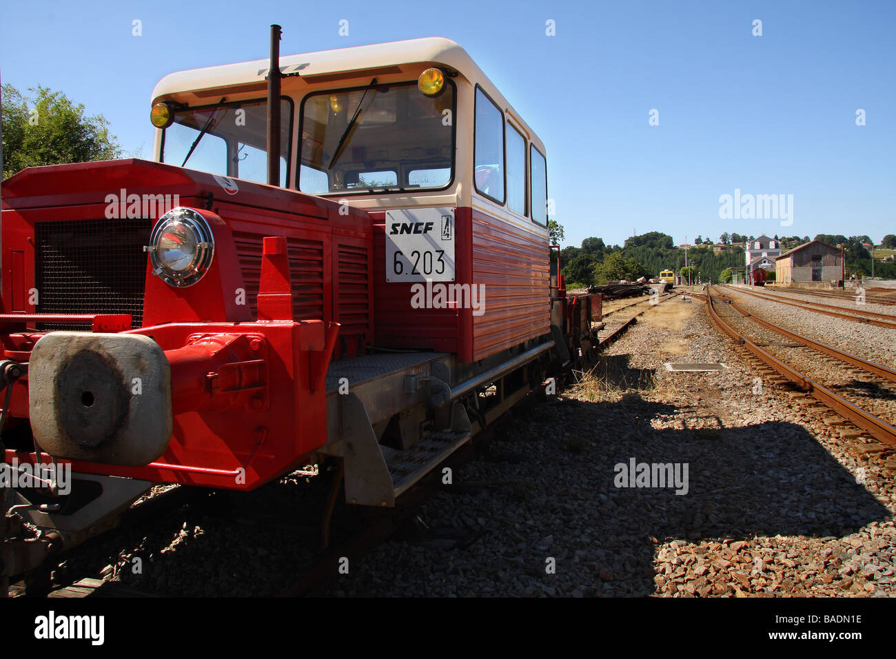 A red and cream SNCF track maintenance train in a siding Stock Photo ...