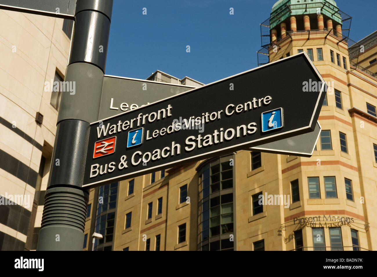 Signpost to bus coach station in City Square Close up Leeds West ...