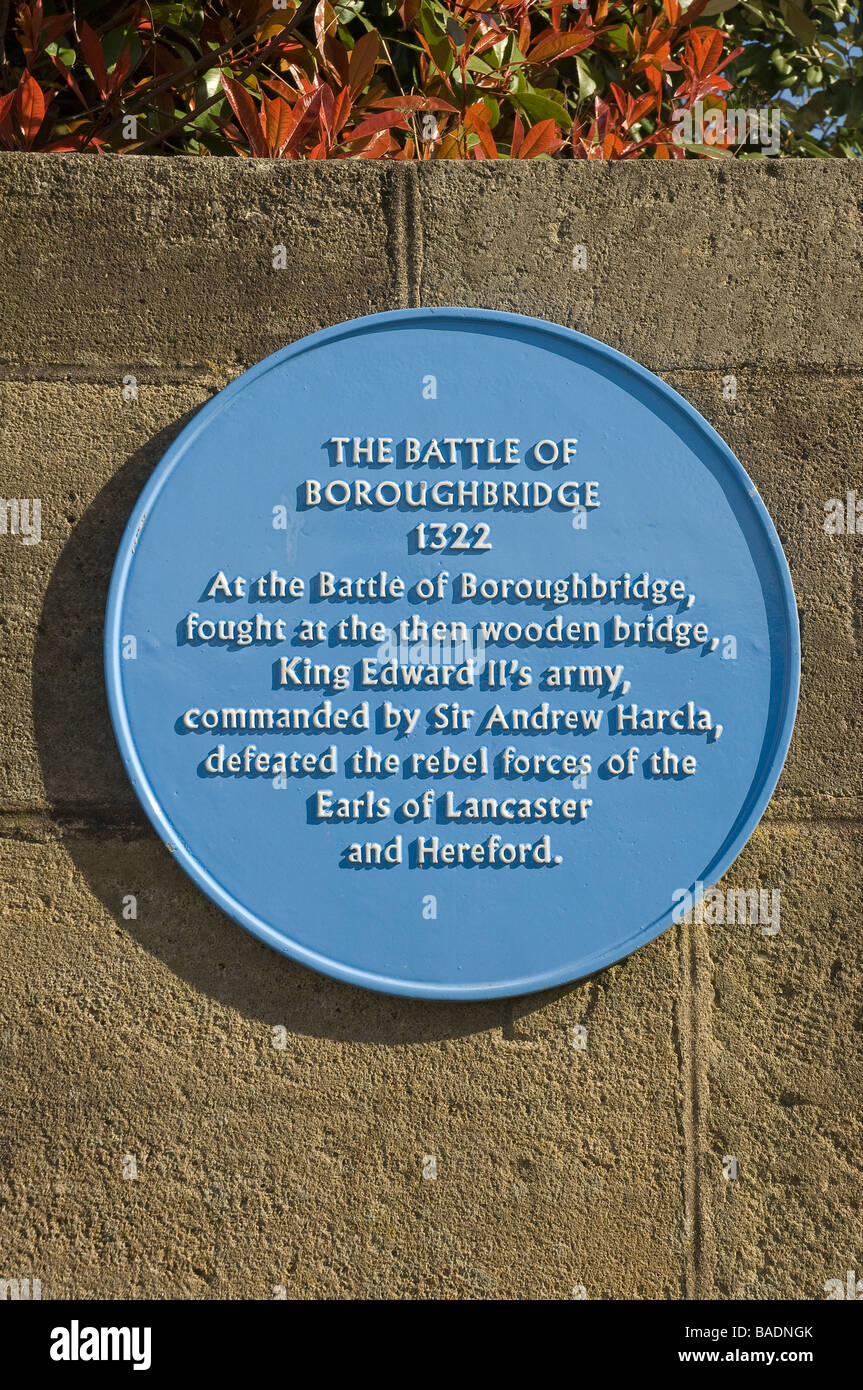 Close up of a blue plaque to commemorate the Battle of Boroughbridge ...