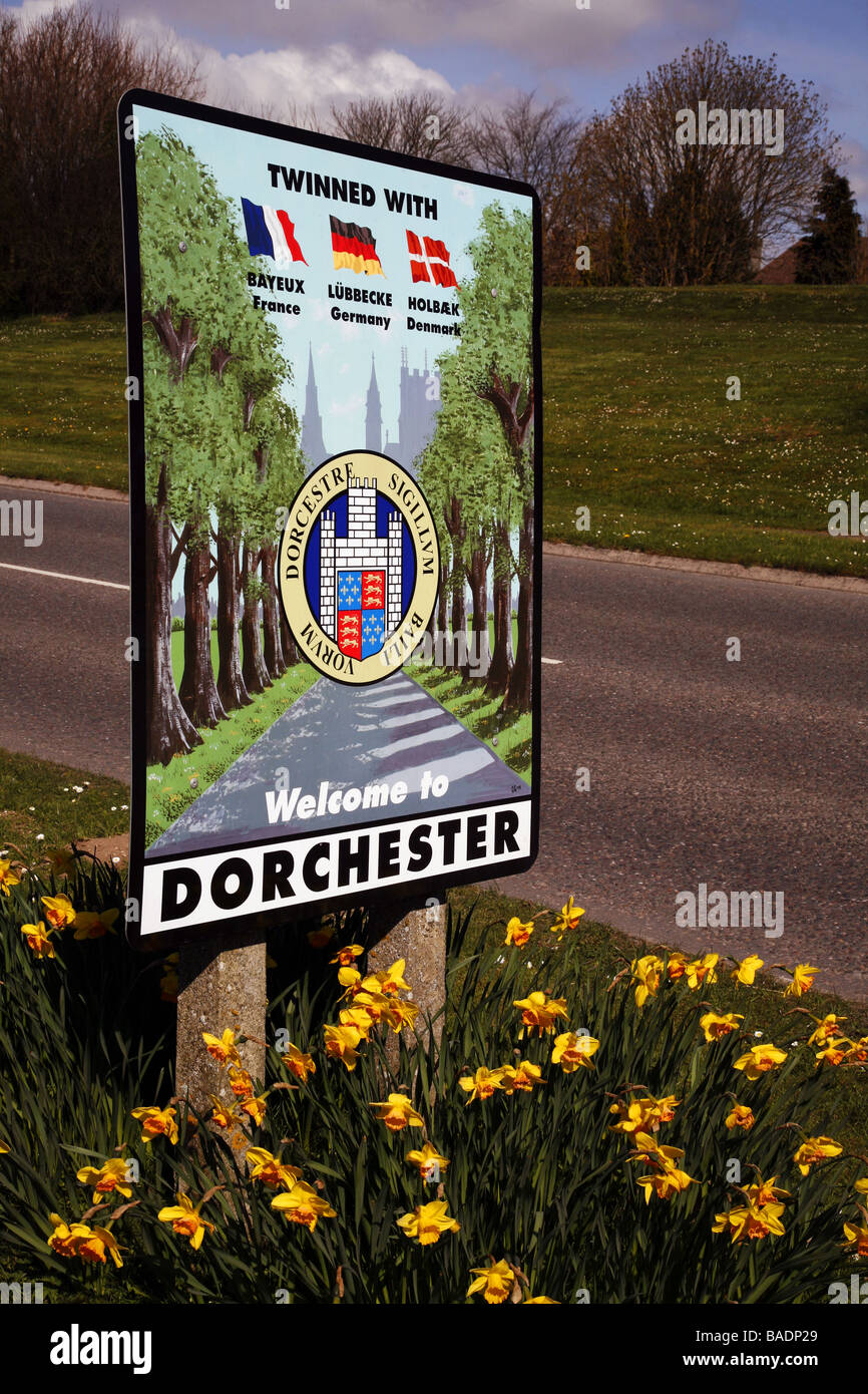 Roadside sign for Dorchester the County town of Dorset Stock Photo - Alamy