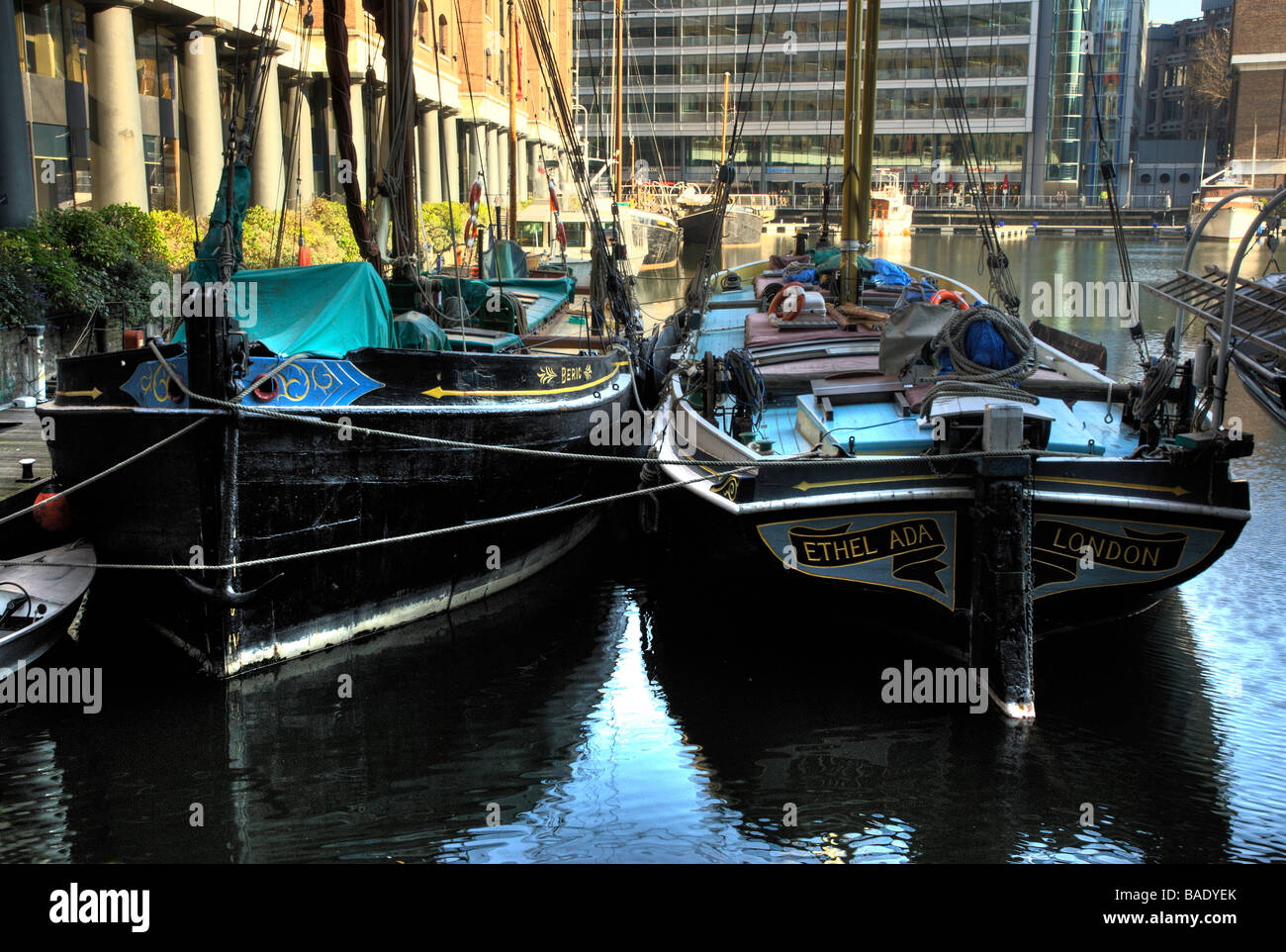 London barges moored in St Katherine's Dock, London Stock Photo - Alamy