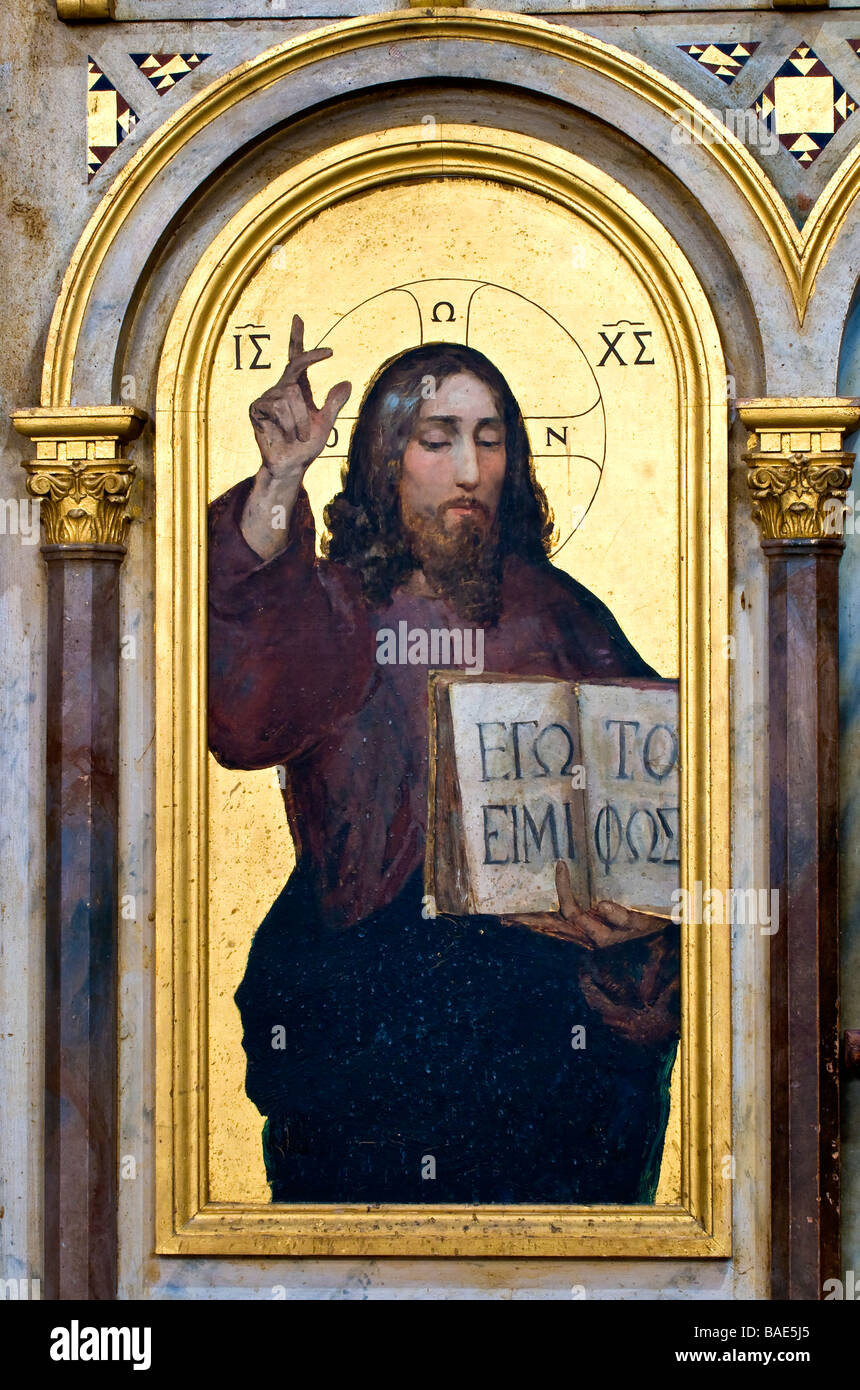 Decorated with icons upon golden background hi-res stock photography ...