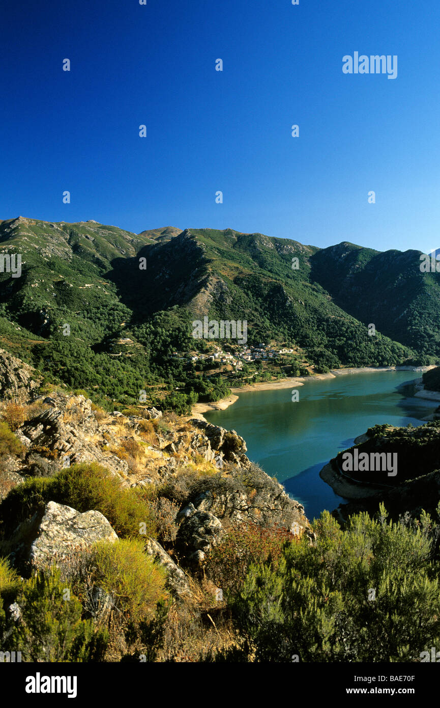 France, Corse du Sud, Tolla, the village and the restraint lake of ...