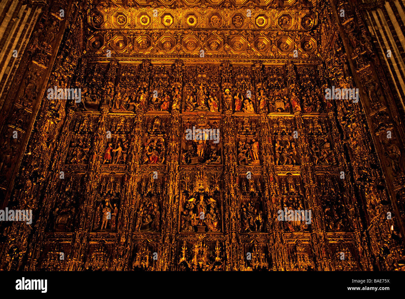 Spain, Andalusia, Sevilla, Gothic retablo (reredos or altarpiece) from ...