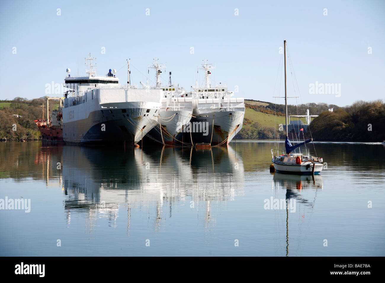 Car Transporter Ships Moored in River Fal at King Harry Ferry Stock ...