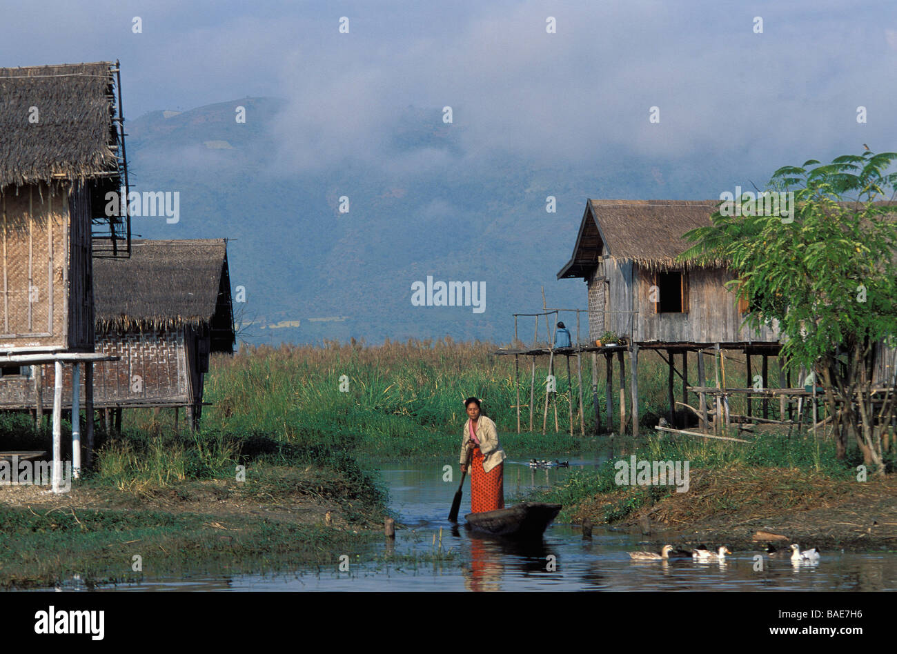 Myanmar (Burma), Shan State, Nyaung Shwe, house on stilts on Inle Lake ...