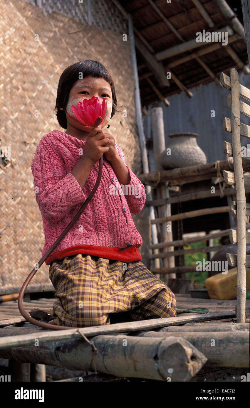 Myanmar (Burma), Shan State, Inle Lake, Taungyo, child smelling a water ...
