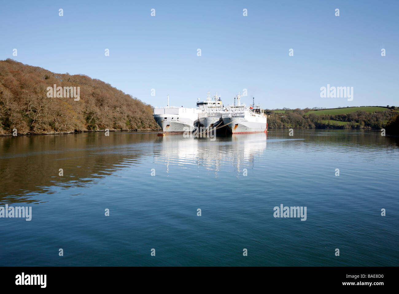 Car Transporter Ships Moored in River Fal at King Harry Ferry Stock ...