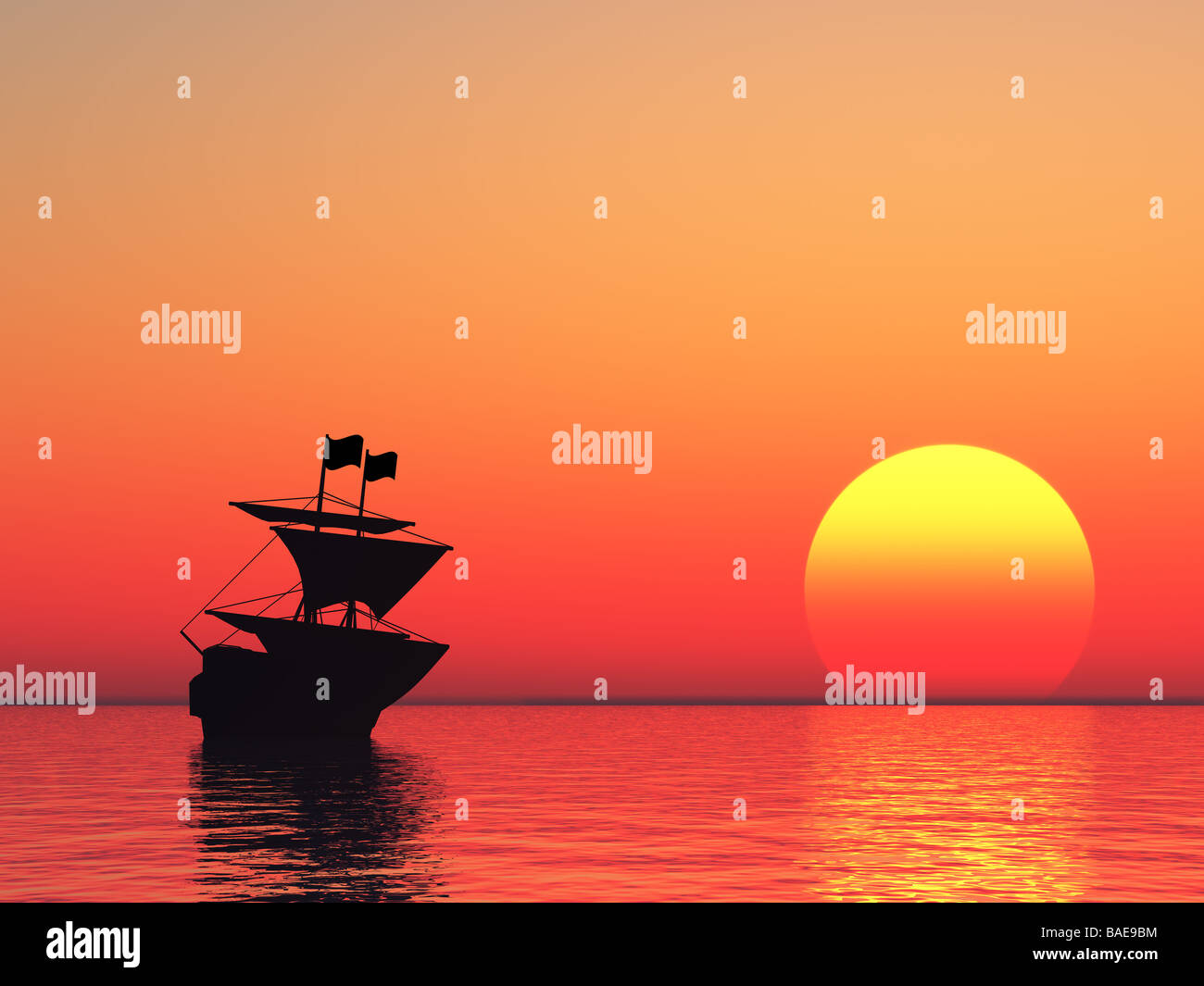 Sailing vessel and sunset silhouette ship on a background picturesque ...