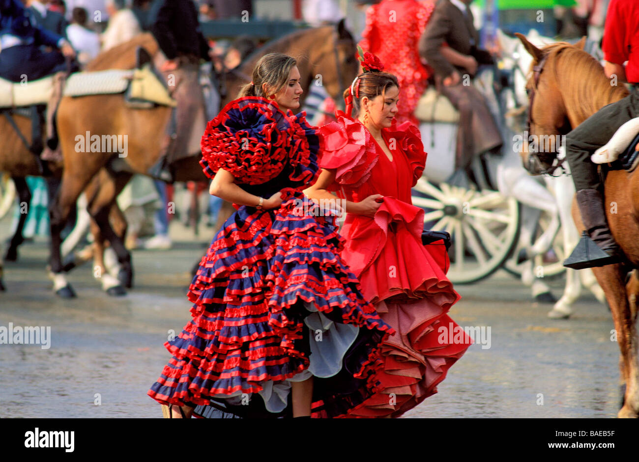 Spain, Andalucia, Sevilla, young Andalusian women during the Feria ...