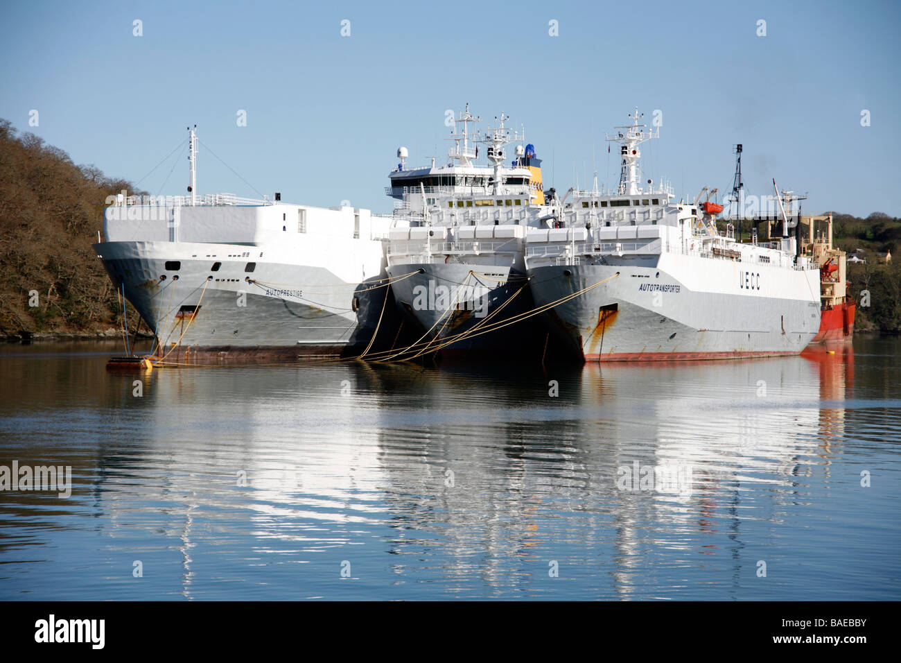 Car Transporter Ships Moored in River Fal at King Harry Ferry Stock ...