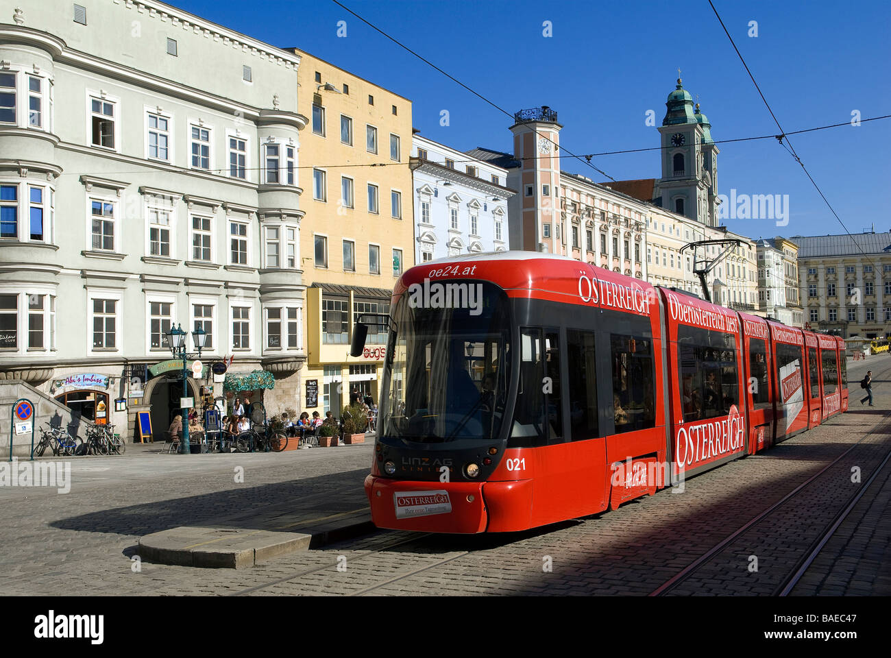 Austria, Linz, a tramway in the Hauptplatz, main square of the city ...