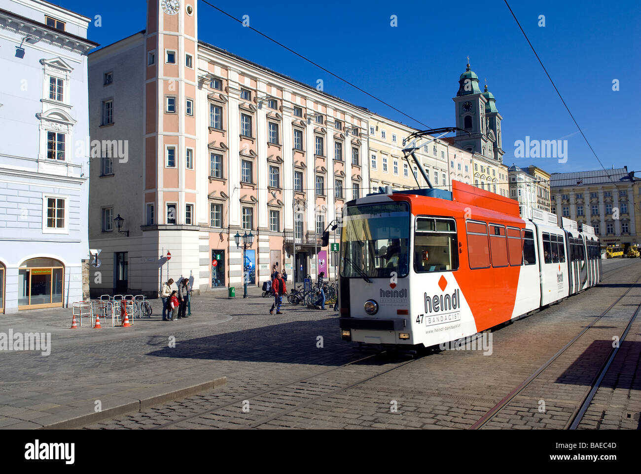 Austria, Linz, a tramway in the Hauptplatz, main square of the city ...