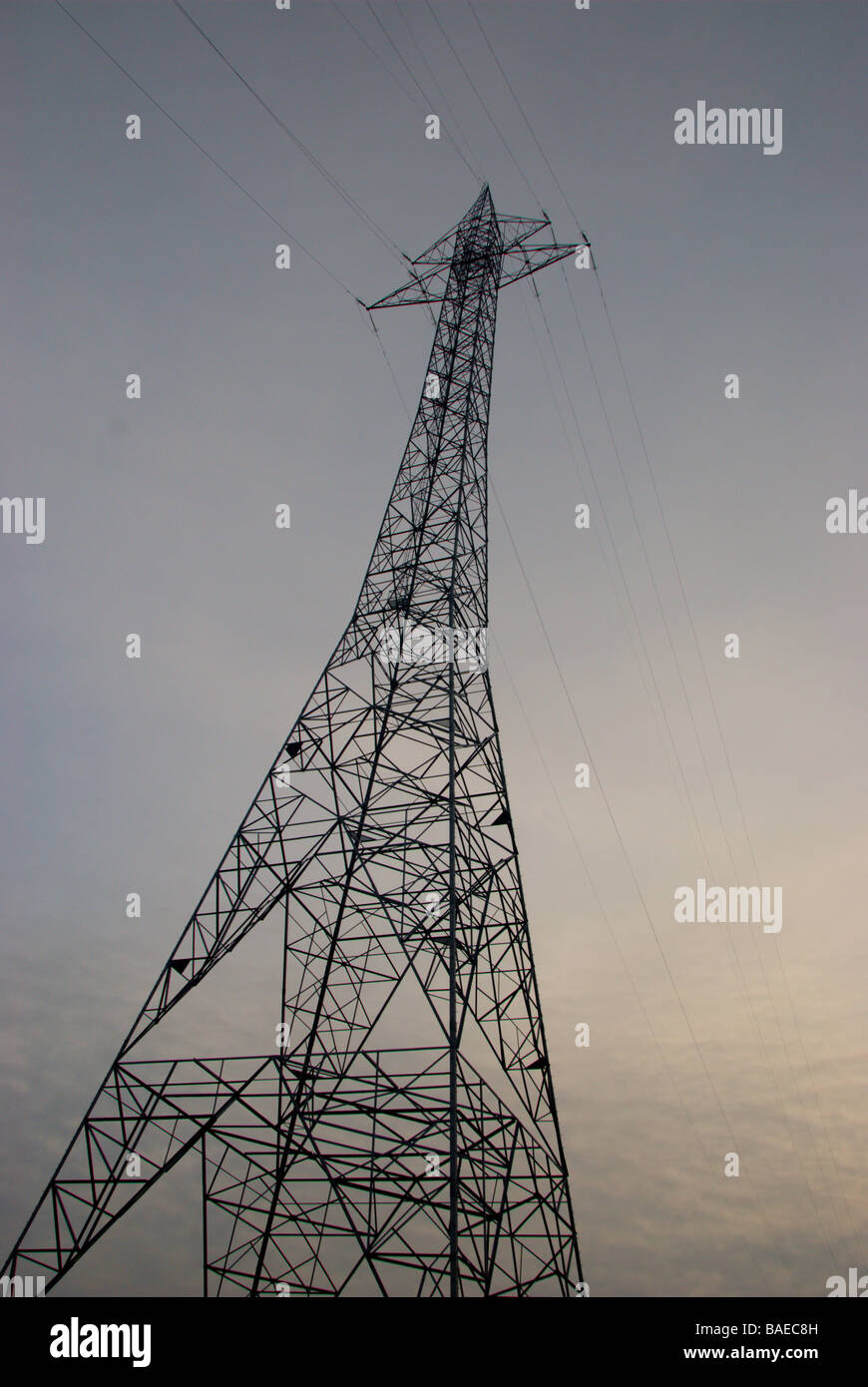 High voltage power line pylon at dusk near Antwerp, Belgium Stock Photo ...