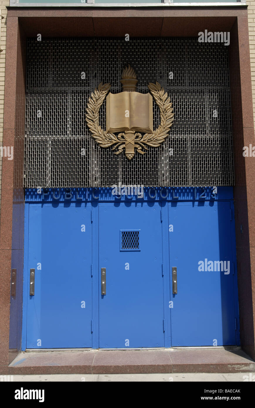 Blue school door entrance at PS 123 in the Harlem neighborhood of New ...