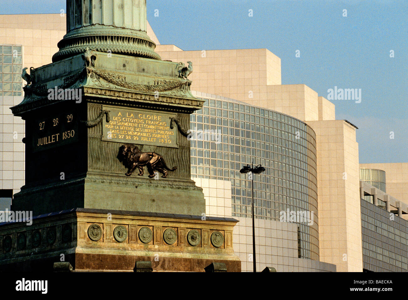 France, Paris, architectural detail of the Bastille Opera House by the ...