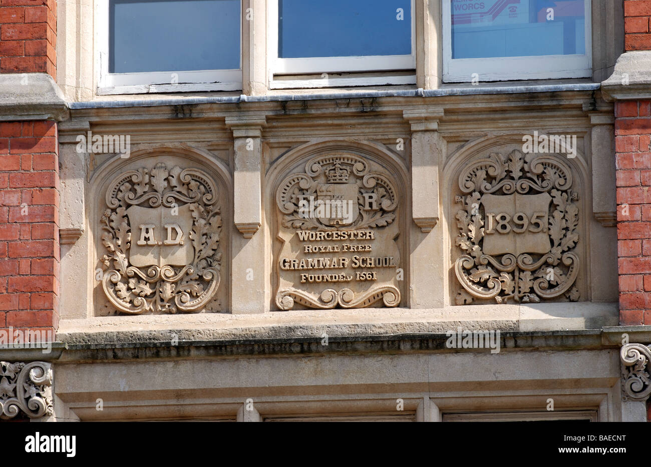 Stone plaque on Royal Grammar School, Worcester, Worcestershire ...
