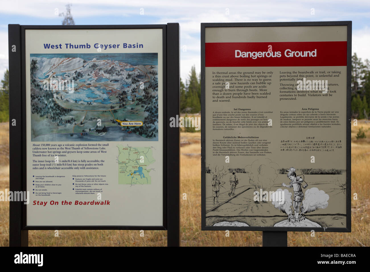 Sign Yellowstone West Thumb Geyser Basin Dangerous ground Stock Photo ...