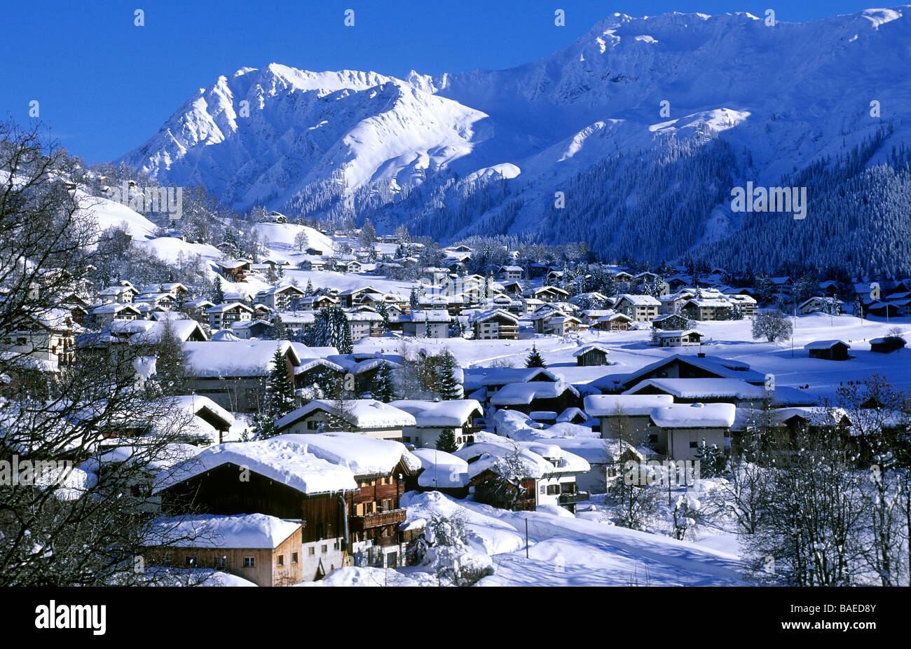 Switzerland, canton of Grisons, Klosters, Klosters Dorf under snow ...