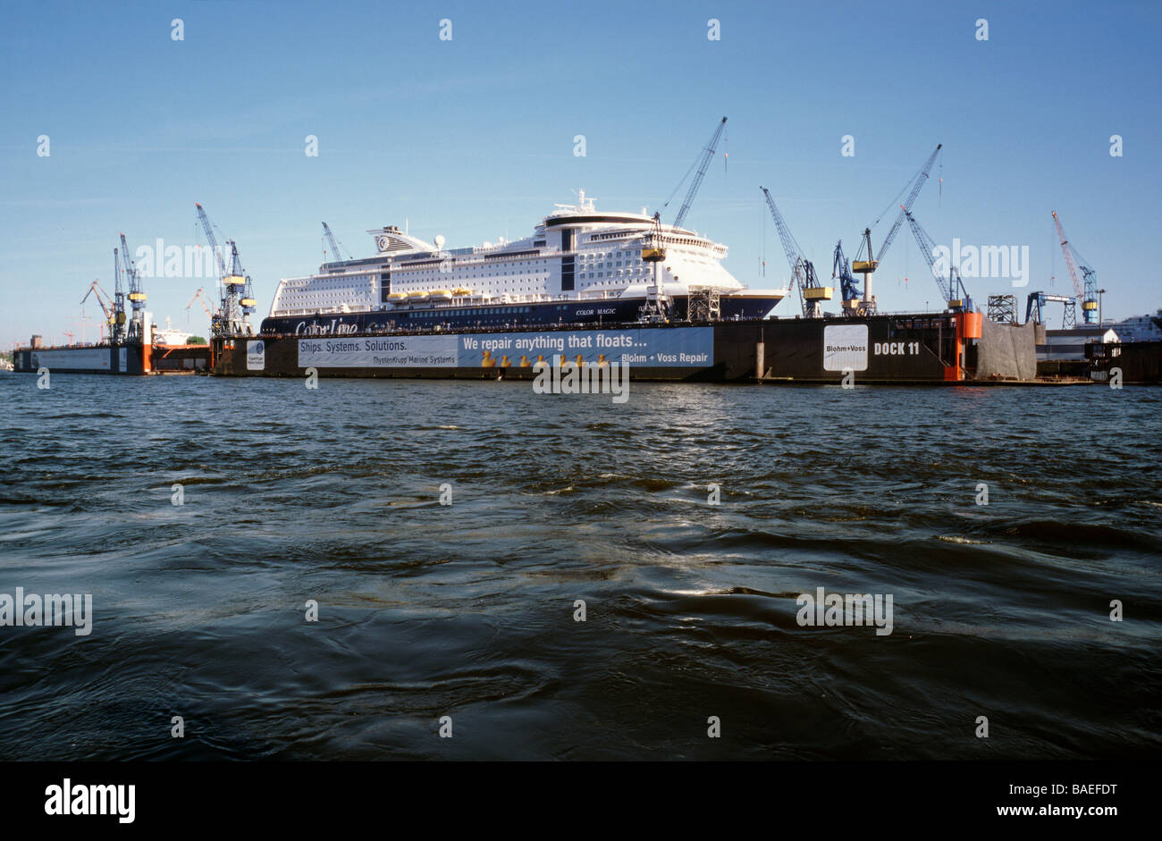 MS Color Magic docked for maintenance at Blohm+Voss shipyard in the ...