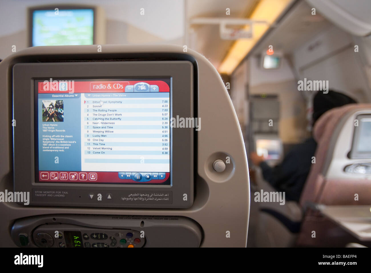 Inflight entertainment in a seat back on an Emirates flight Stock Photo ...
