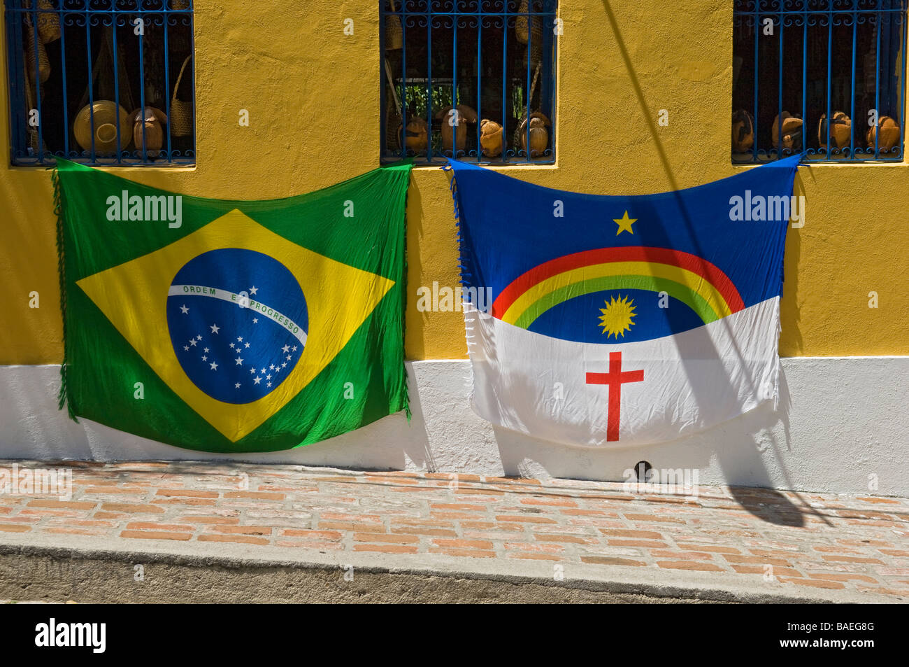 Street Scene and Brazilian Flags near Igreja de São Salvador do Mundo ...