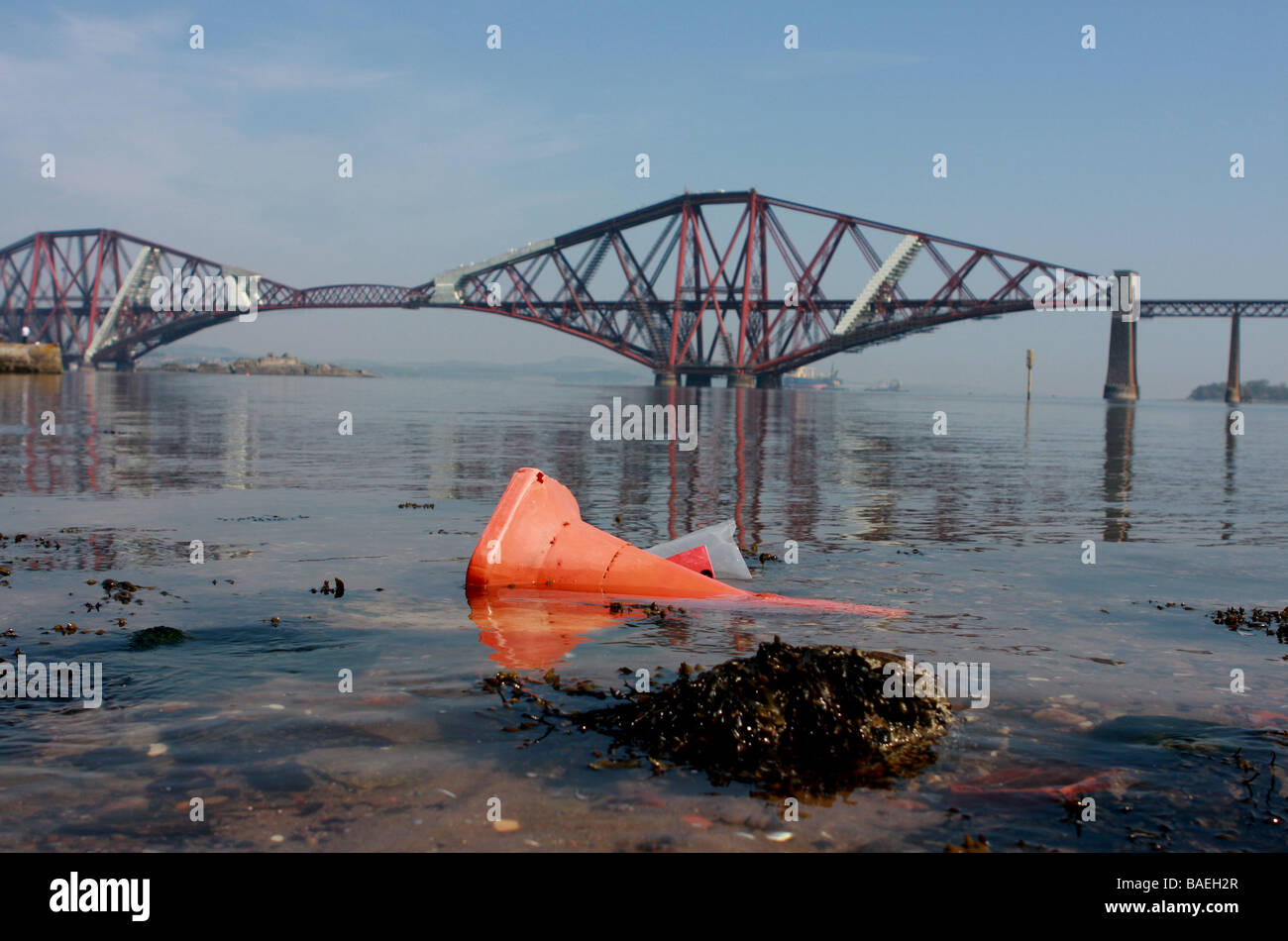 Forth Rail bridge traffic cone in river, pollution river Stock Photo ...