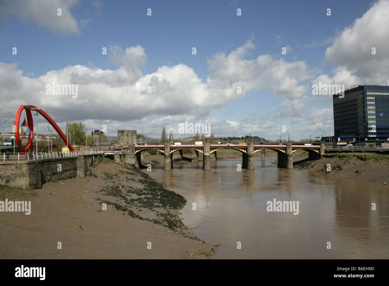 City of Newport, Wales. The River Usk at low tide with Newport Bridge ...