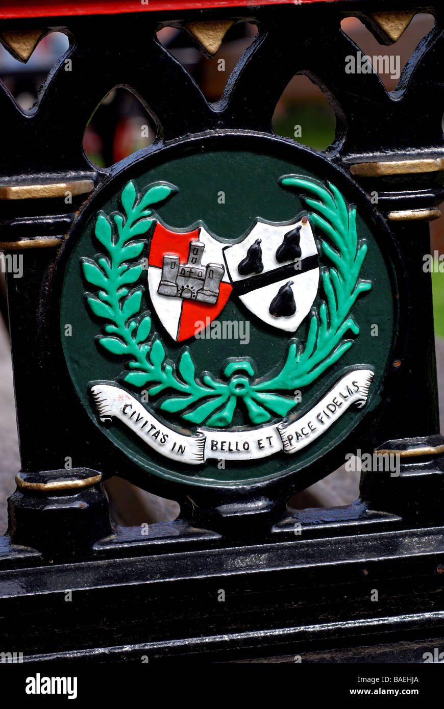 Worcester coat of arms on public bench, Worcester, Worcestershire ...