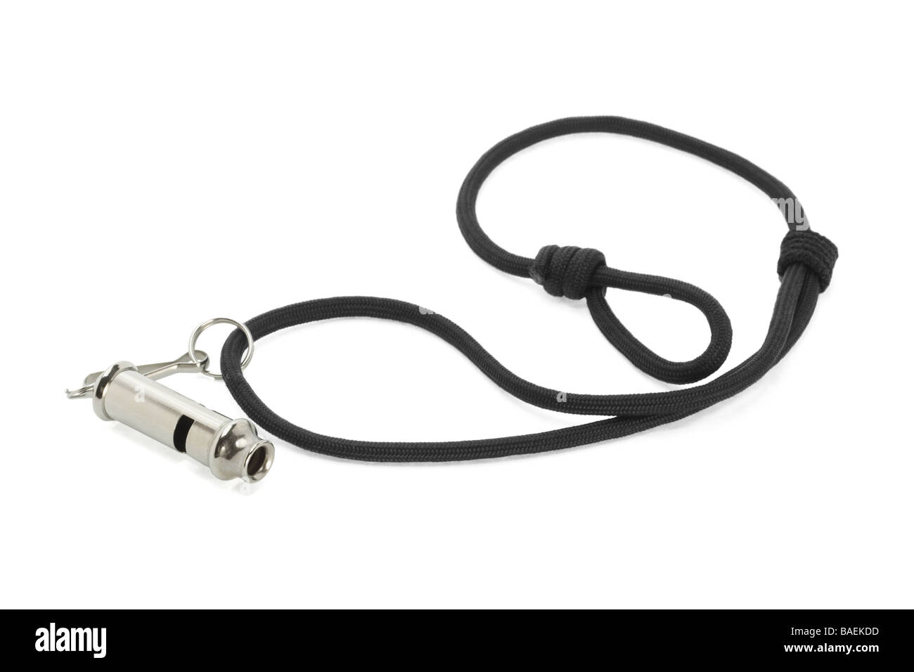 Metal whistle attached to black cord on white background Stock Photo ...