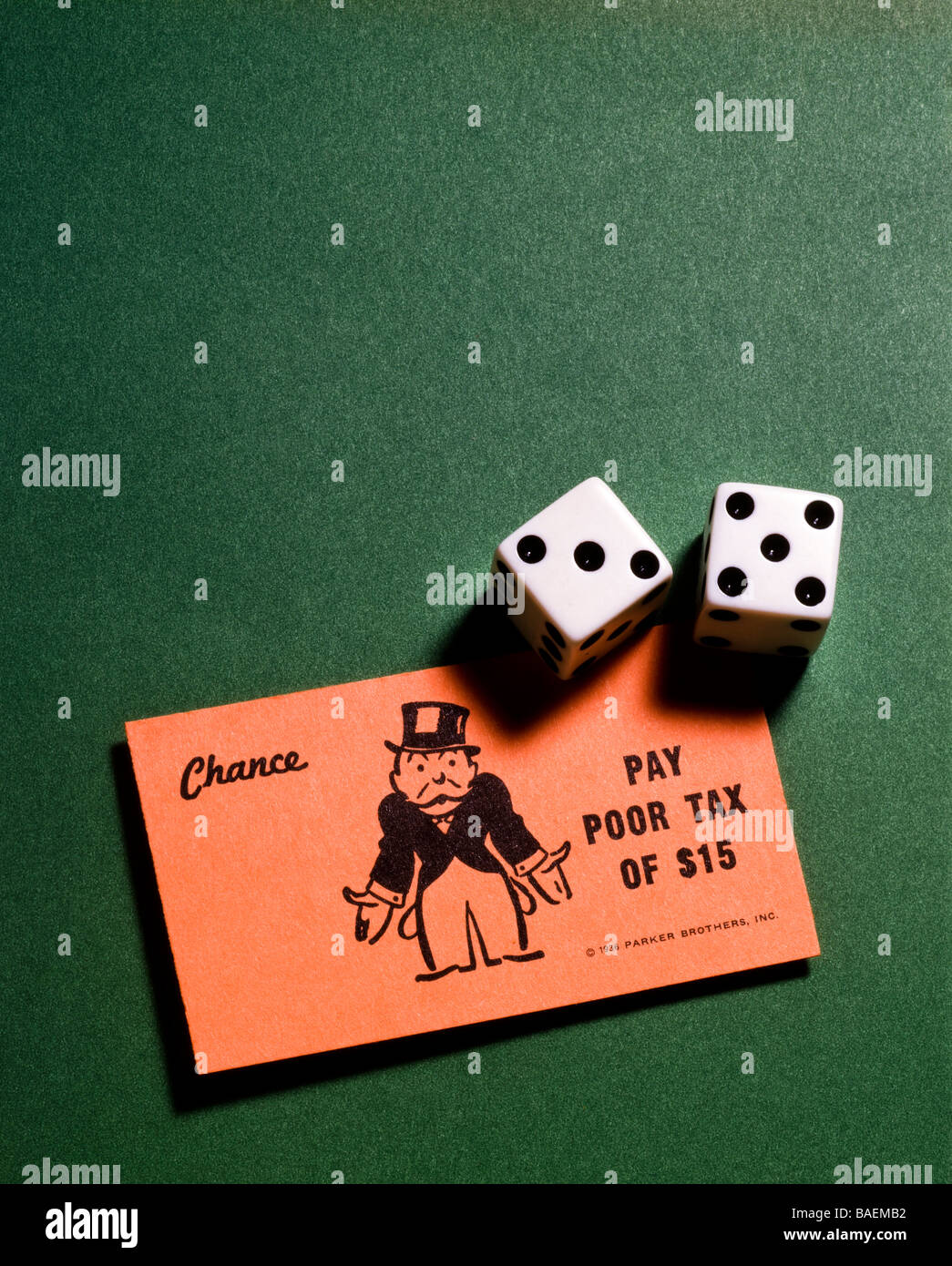 A chance card from Monopoly, with dice on a green felt background Stock ...