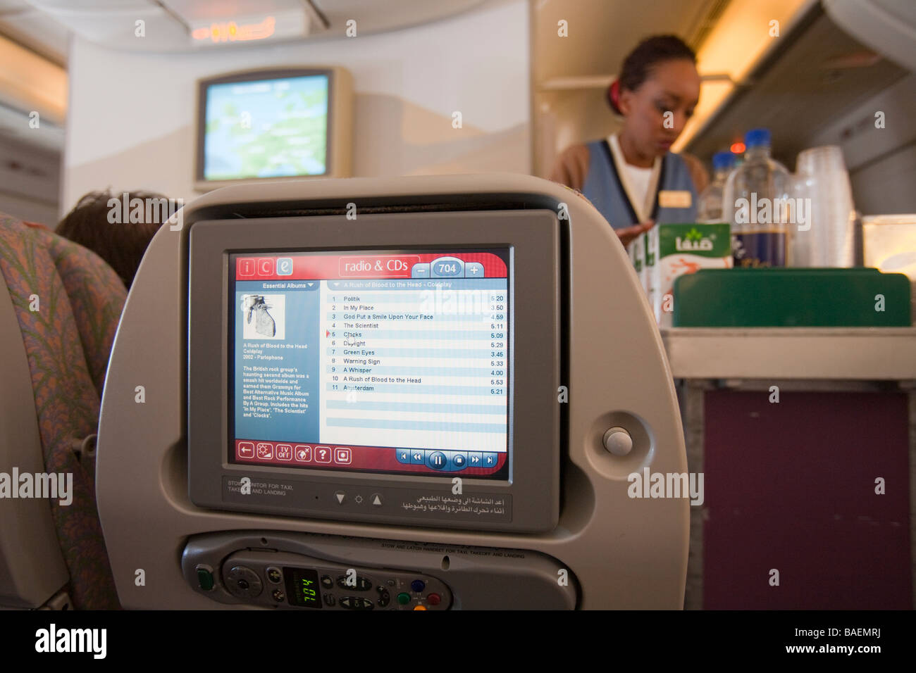 Inflight entertainment in a seat back on an Emirates flight Stock Photo ...
