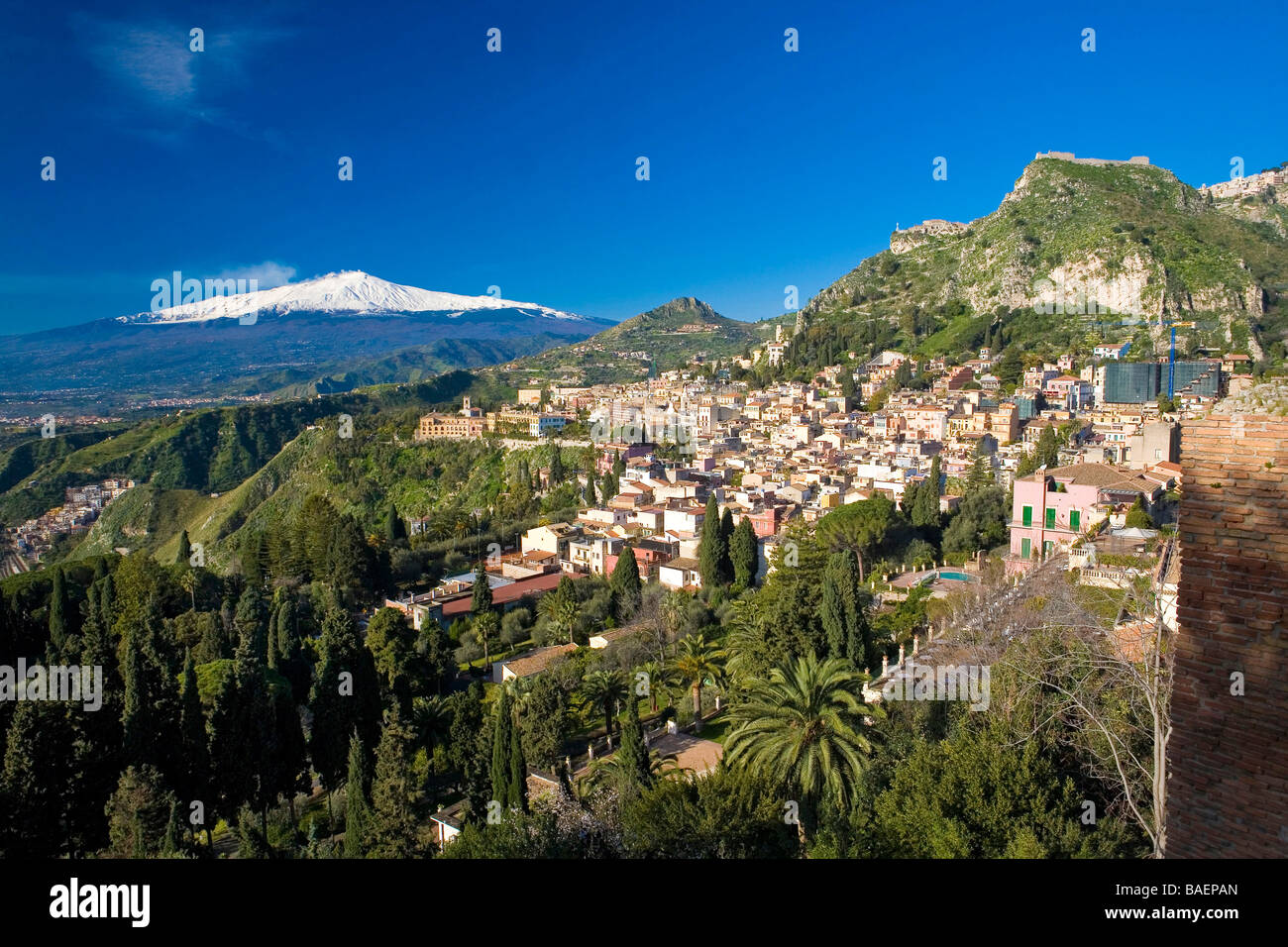 Panoramic view of Mount Etna from Taormina, Taormina, Sicily, Italy ...