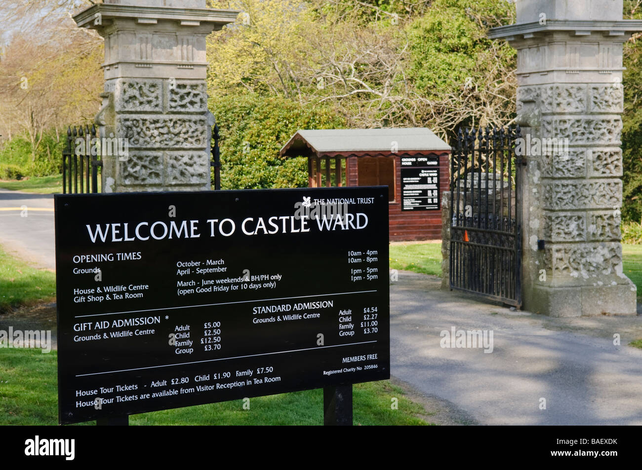 Sign at the entrance to Castle Ward, National Trust property Stock ...