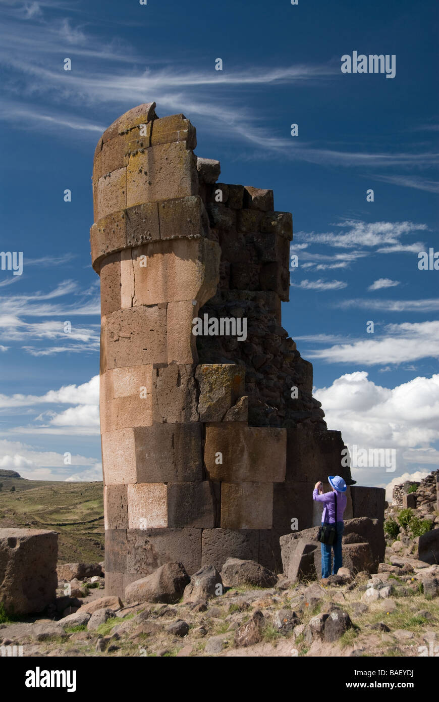 Peru, near Lake Titicaca, Puno, the Ruins of Sillustani, taking Picture ...