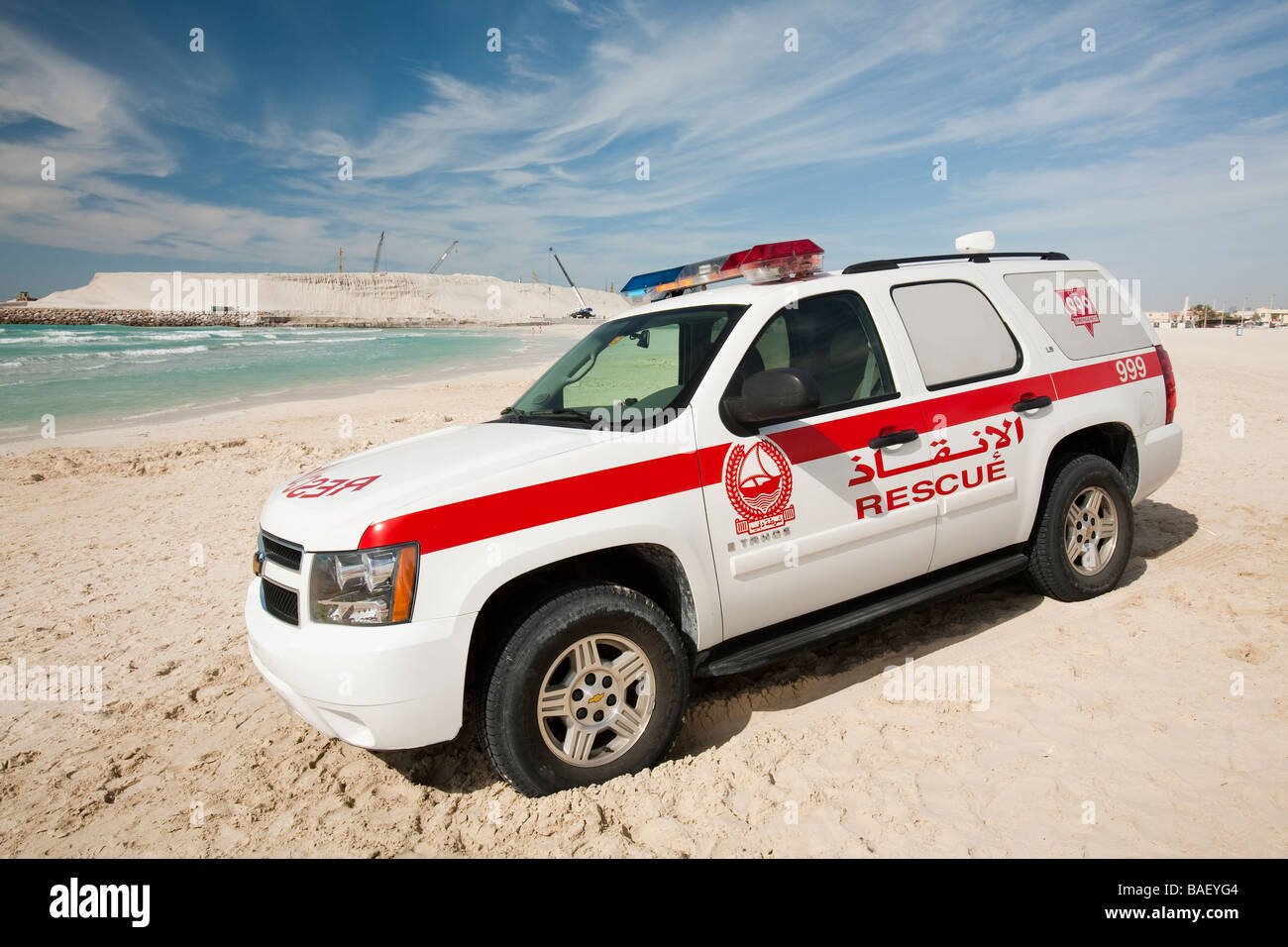 A police emergency vehicle on a public beach in Dubai UAE Stock Photo ...