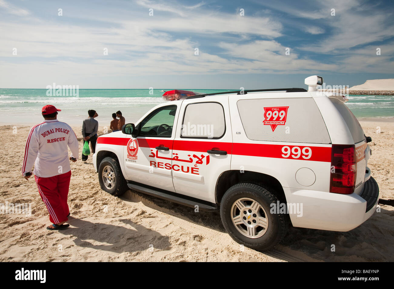 A police emergency vehicle on a public beach in Dubai UAE Stock Photo ...