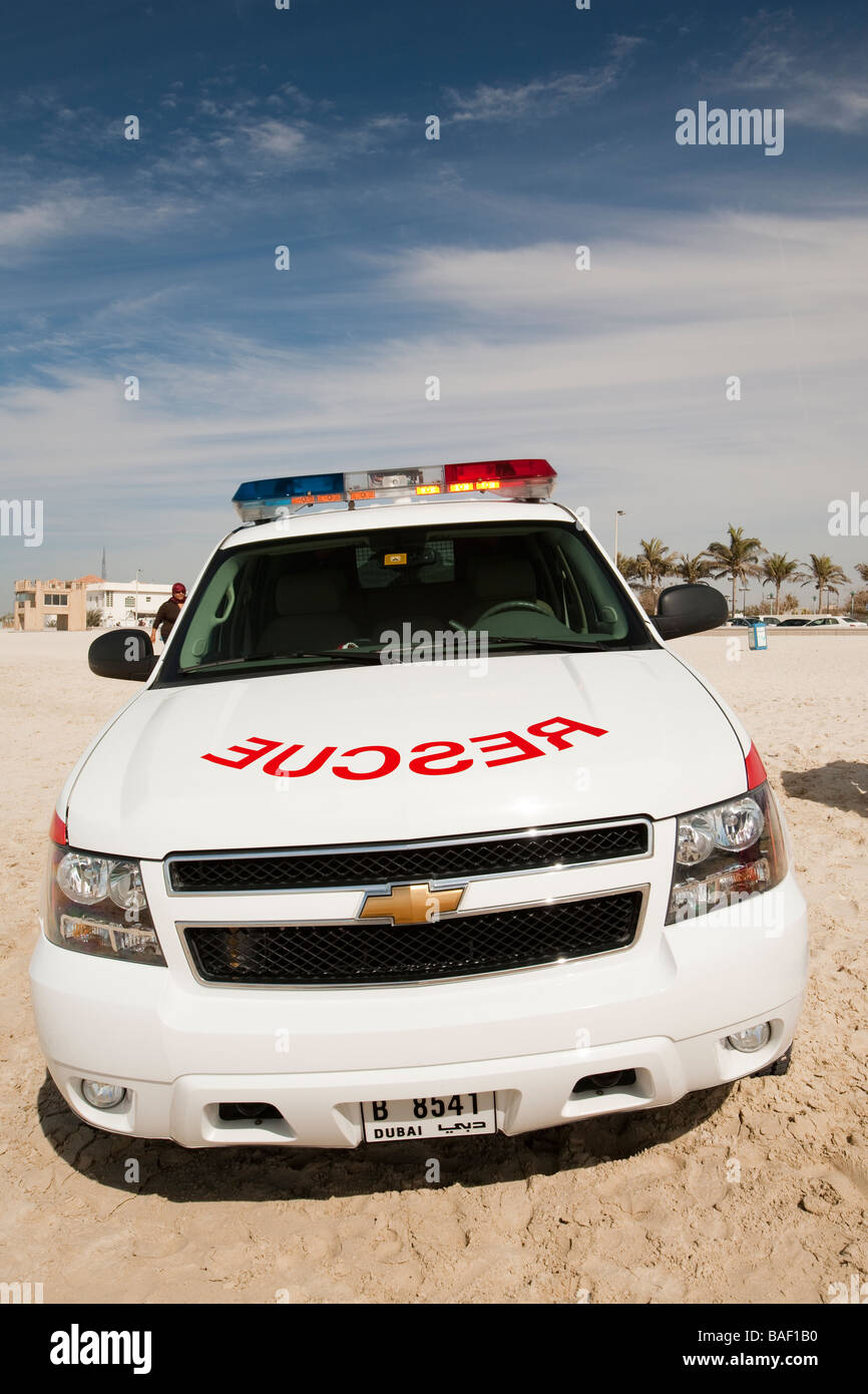 A police emergency vehicle on a public beach in Dubai UAE Stock Photo ...
